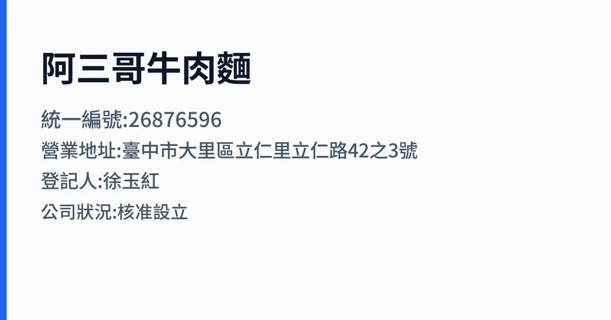 阿三哥牛肉麵 - 統編 26876596(臺中市) 公司登記資料與營業項目詳細圖表