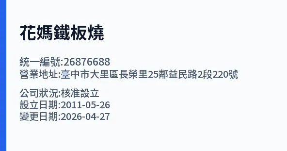 花媽鐵板燒的照片-統編 26876688(臺中市) 公司登記資料與營業項目詳細圖表