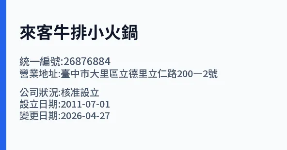 來客牛排小火鍋的照片-統編 26876884(臺中市) 公司登記資料與營業項目詳細圖表