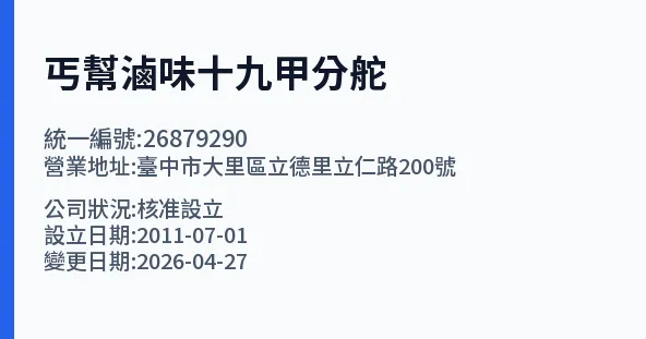 丐幫滷味十九甲分舵的照片-統編 26879290(臺中市) 公司登記資料與營業項目詳細圖表