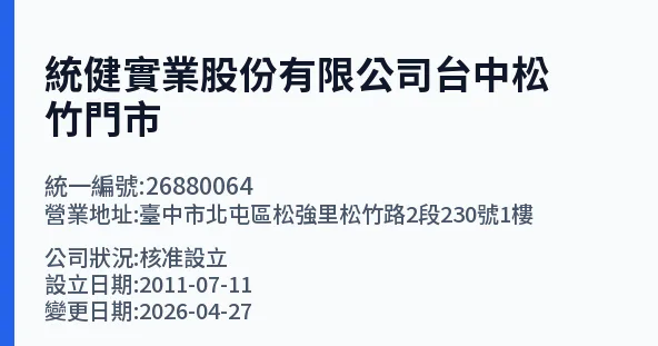 統健實業股份有限公司台中松竹門市的照片-統編 26880064(臺中市) 公司登記資料與營業項目詳細圖表