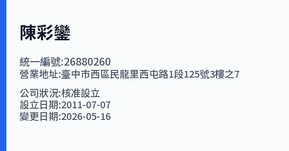 陳彩鑾的照片-統編 26880260(臺中市) 公司登記資料與營業項目詳細圖表