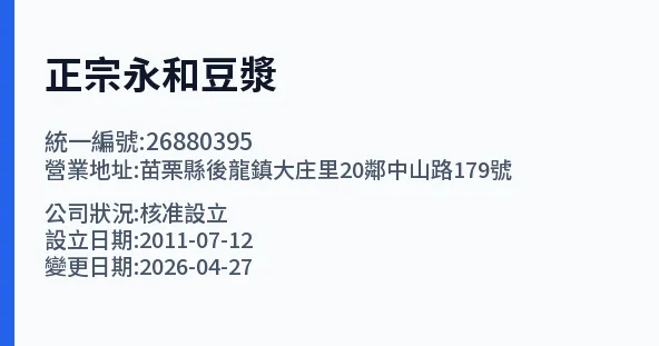 正宗永和豆漿的照片-統編 26880395(苗栗縣) 公司登記資料與營業項目詳細圖表
