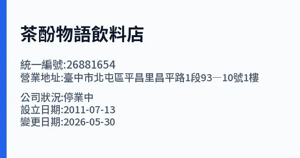 茶酚物語飲料店的照片-統編 26881654(臺中市) 公司登記資料與營業項目詳細圖表
