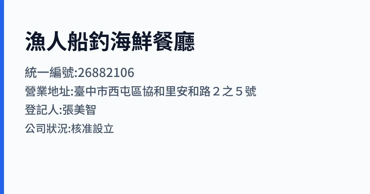 漁人船釣海鮮餐廳 - 統編 26882106(臺中市) 公司登記資料與營業項目詳細圖表