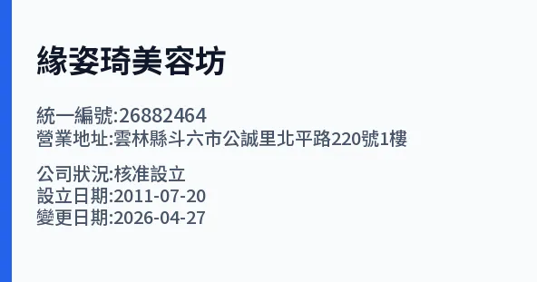 緣姿琦美容坊的照片-統編 26882464(雲林縣) 公司登記資料與營業項目詳細圖表