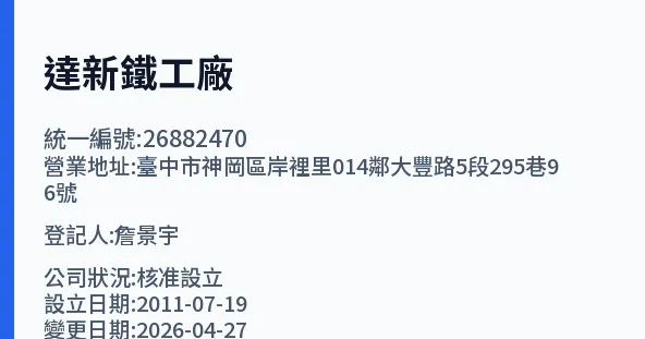 達新鐵工廠的照片-統編 26882470(臺中市) 公司登記資料與營業項目詳細圖表