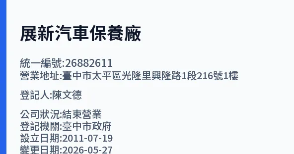 展新汽車保養廠的照片-統編 26882611(臺中市) 公司登記資料與營業項目詳細圖表