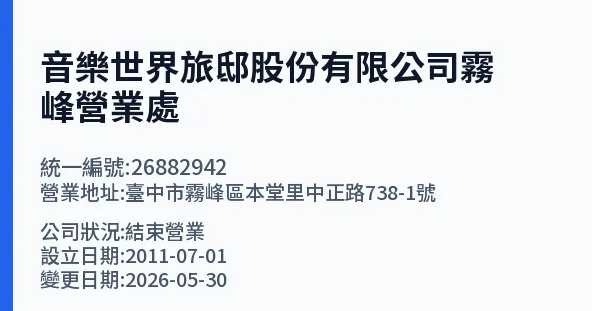 音樂世界旅邸股份有限公司霧峰營業處的照片-統編 26882942(臺中市) 公司登記資料與營業項目詳細圖表