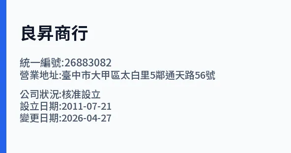 良昇商行的照片-統編 26883082(臺中市) 公司登記資料與營業項目詳細圖表