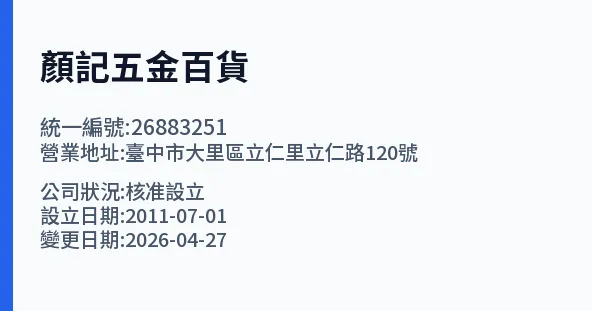 顏記五金百貨的照片-統編 26883251(臺中市) 公司登記資料與營業項目詳細圖表