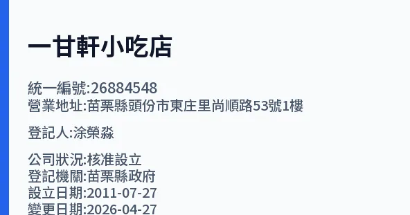 一甘軒小吃店的照片-統編 26884548(苗栗縣) 公司登記資料與營業項目詳細圖表
