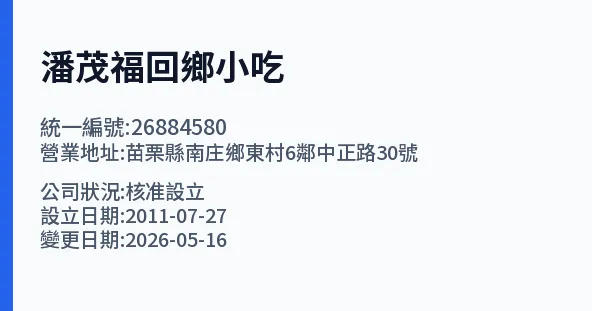 潘茂福回鄉小吃的照片-統編 26884580(苗栗縣) 公司登記資料與營業項目詳細圖表