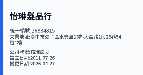 怡琳髮品行的照片-統編 26884815(臺中市) 公司登記資料與營業項目詳細圖表