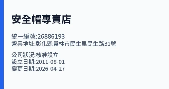 安全帽專賣店的照片-統編 26886193(彰化縣) 公司登記資料與營業項目詳細圖表