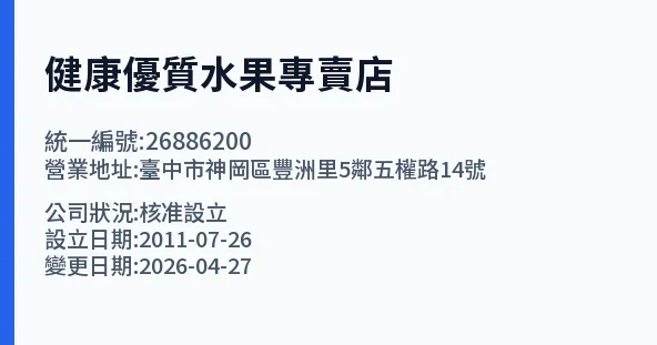 健康優質水果專賣店的照片-統編 26886200(臺中市) 公司登記資料與營業項目詳細圖表