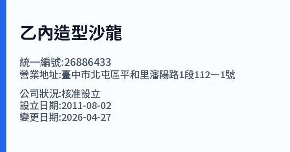 乙內造型沙龍的照片-統編 26886433(臺中市) 公司登記資料與營業項目詳細圖表