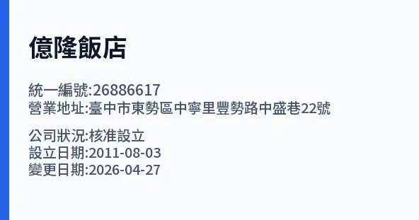 億隆飯店的照片-統編 26886617(臺中市) 公司登記資料與營業項目詳細圖表