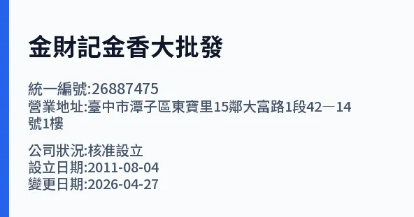 金財記金香大批發的照片-統編 26887475(臺中市) 公司登記資料與營業項目詳細圖表