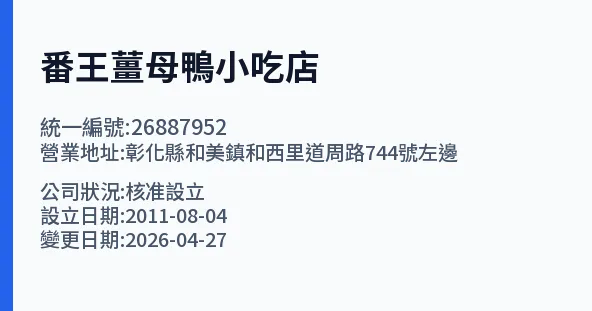 番王薑母鴨小吃店的照片-統編 26887952(彰化縣) 公司登記資料與營業項目詳細圖表