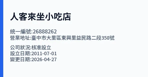 人客來坐小吃店的照片-統編 26888262(臺中市) 公司登記資料與營業項目詳細圖表