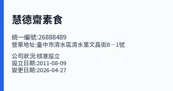 慧德齋素食的照片-統編 26888489(臺中市) 公司登記資料與營業項目詳細圖表