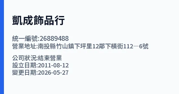 凱成飾品行的照片-統編 26889488(南投縣) 公司登記資料與營業項目詳細圖表