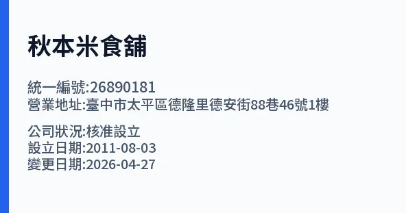 秋本米食舖的照片-統編 26890181(臺中市) 公司登記資料與營業項目詳細圖表