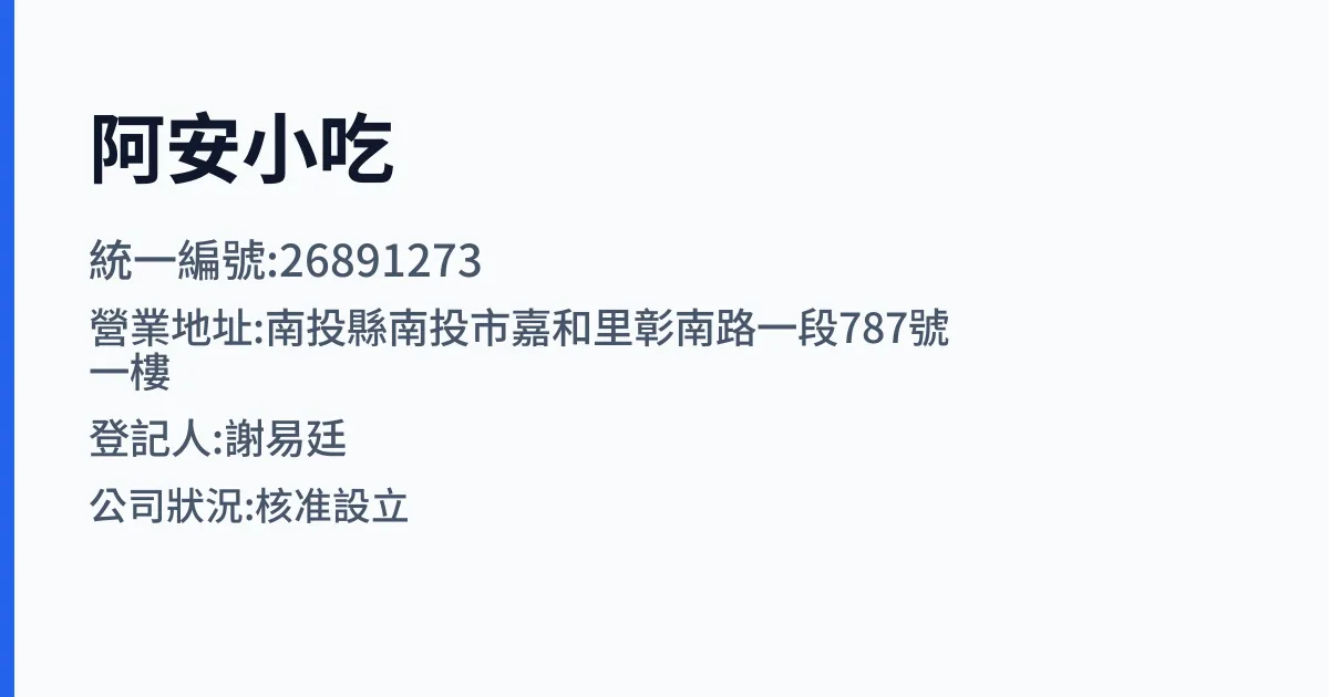 阿安小吃 - 統編 26891273（南投縣） 公司登記資料與營業項目詳細圖表