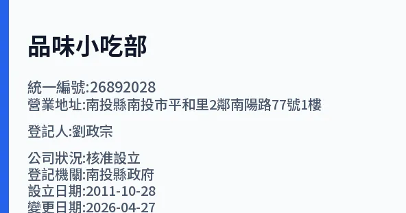 品味小吃部的照片-統編 26892028(南投縣) 公司登記資料與營業項目詳細圖表