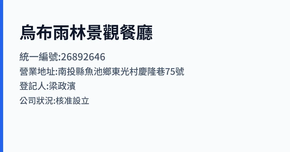 烏布雨林景觀餐廳 - 統編 26892646(南投縣) 公司登記資料與營業項目詳細圖表