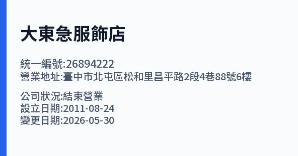 大東急服飾店的照片-統編 26894222(臺中市) 公司登記資料與營業項目詳細圖表