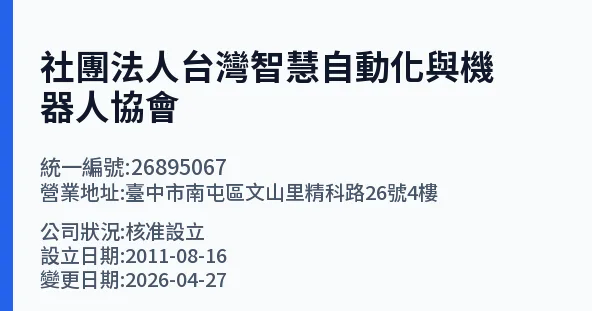 社團法人台灣智慧自動化與機器人協會的照片-統編 26895067(臺中市) 公司登記資料與營業項目詳細圖表