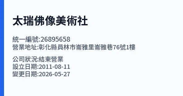 太瑞佛像美術社的照片-統編 26895658(彰化縣) 公司登記資料與營業項目詳細圖表