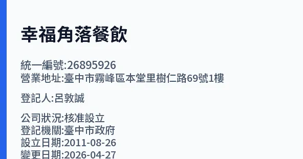 幸福角落餐飲的照片-統編 26895926(臺中市) 公司登記資料與營業項目詳細圖表