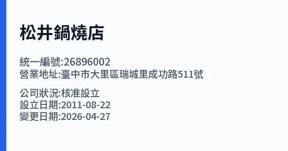 松井鍋燒店的照片-統編 26896002(臺中市) 公司登記資料與營業項目詳細圖表