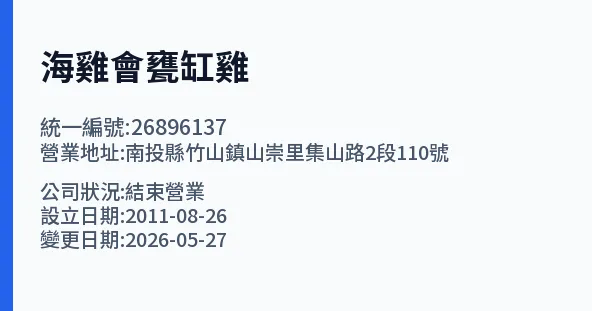 海雞會甕缸雞的照片-統編 26896137(南投縣) 公司登記資料與營業項目詳細圖表