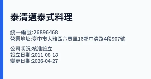 泰清邁泰式料理的照片-統編 26896468(臺中市) 公司登記資料與營業項目詳細圖表
