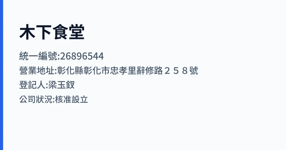 木下食堂 - 統編 26896544(彰化縣) 公司登記資料與營業項目詳細圖表