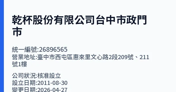 乾杯股份有限公司台中市政門市的照片-統編 26896565(臺中市) 公司登記資料與營業項目詳細圖表