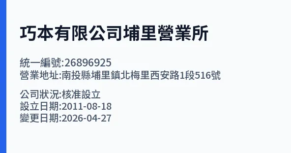 巧本有限公司埔里營業所的照片-統編 26896925(南投縣) 公司登記資料與營業項目詳細圖表
