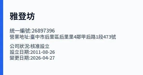 雅登坊的照片-統編 26897396(臺中市) 公司登記資料與營業項目詳細圖表