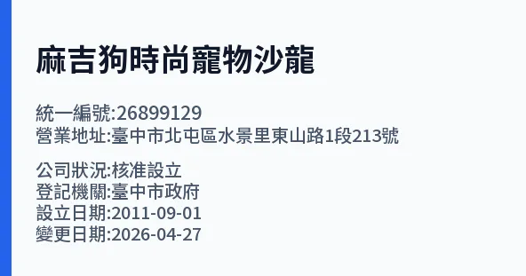 麻吉狗時尚寵物沙龍的照片-統編 26899129(臺中市) 公司登記資料與營業項目詳細圖表