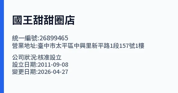 國王甜甜圈店的照片-統編 26899465(臺中市) 公司登記資料與營業項目詳細圖表