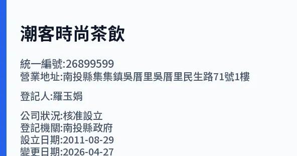 潮客時尚茶飲的照片-統編 26899599(南投縣) 公司登記資料與營業項目詳細圖表