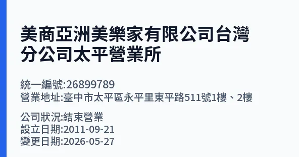 美商亞洲美樂家有限公司台灣分公司太平營業所的照片-統編 26899789(臺中市) 公司登記資料與營業項目詳細圖表