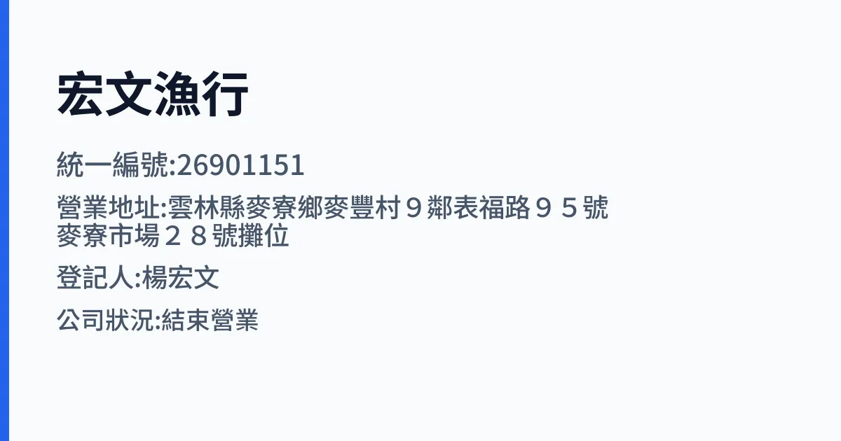 宏文漁行 - 統編 26901151(雲林縣) 公司登記資料與營業項目詳細圖表