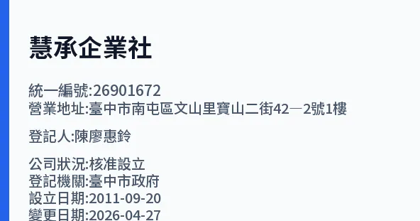 慧承企業社的照片-統編 26901672(臺中市) 公司登記資料與營業項目詳細圖表
