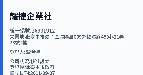 耀捷企業社的照片-統編 26901912(臺中市) 公司登記資料與營業項目詳細圖表
