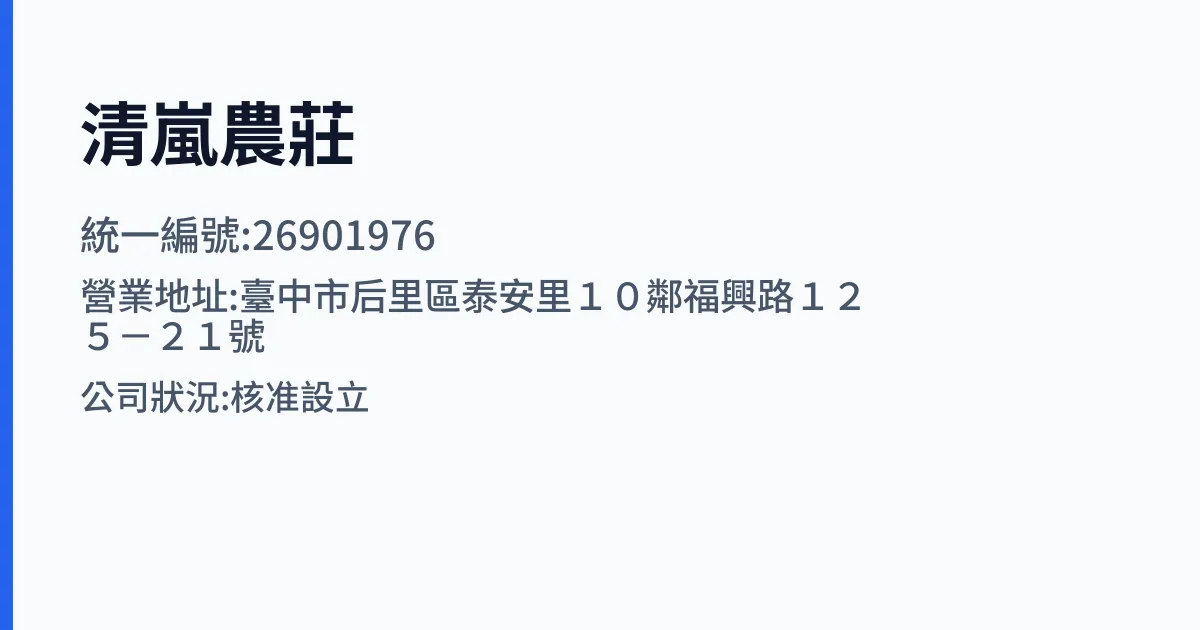 清嵐農莊 - 統編 26901976(臺中市) 公司登記資料與營業項目詳細圖表